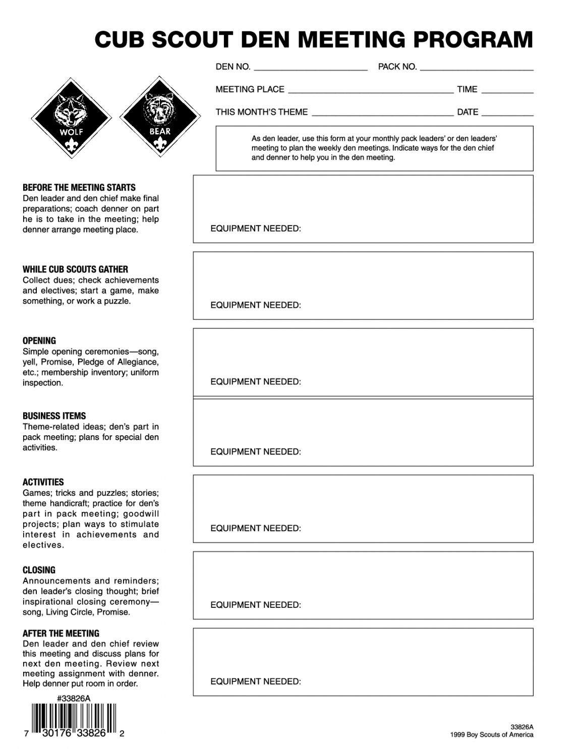 Cub Scout Den Meeting Agenda Template