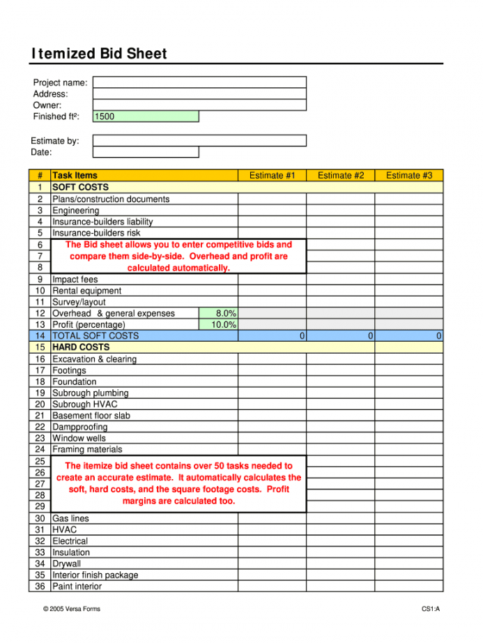 Printable Itemized Bid Sheet Residential Construction Fill Out And Sign 