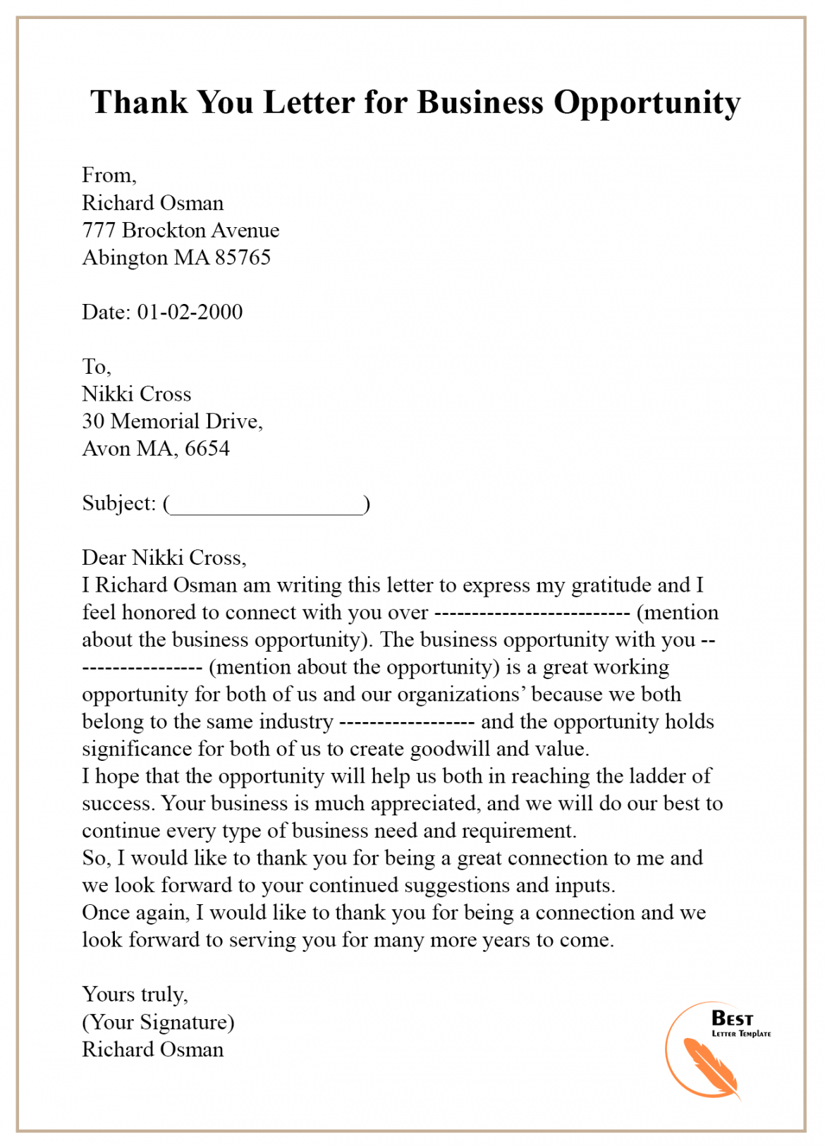 Editable Thankyouletterforbusinessopportunity Best Letter Business 