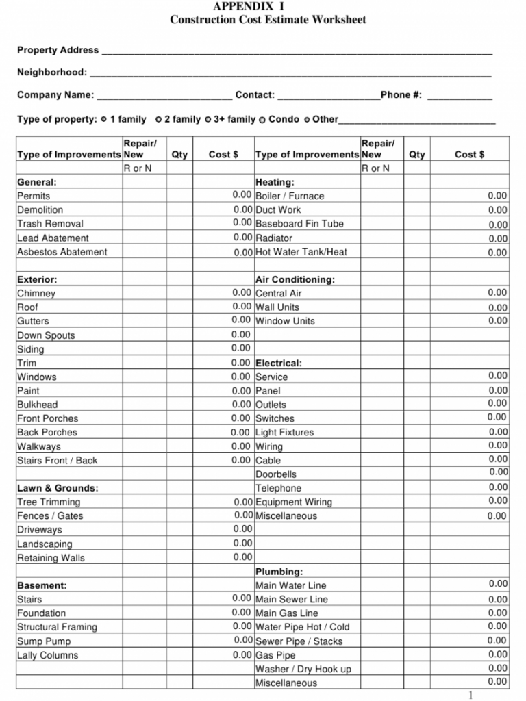 Construction Cost Estimate Worksheet Template Download Fillable Pdf