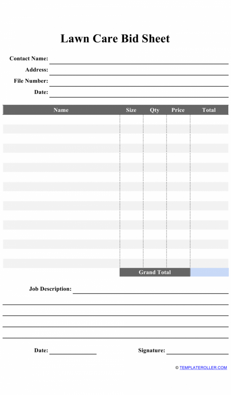 Free Lawn Care Bid Sheet Template Printable Templates Landscape